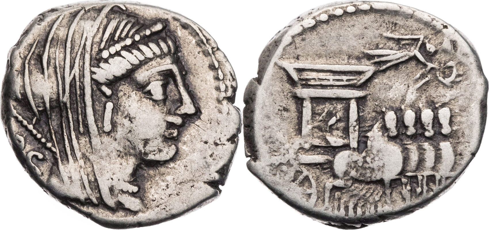 Römische Republik Denar 87 v. Chr. L. Rubrius Dossenus, Kopf der Juno ...