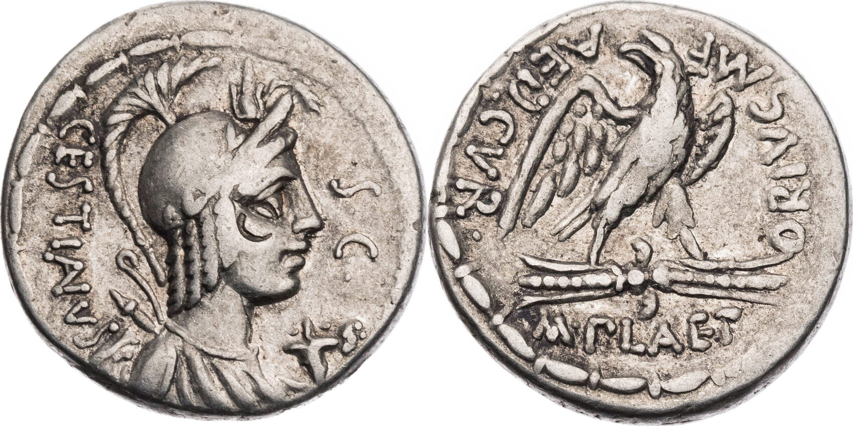 Römische Republik Denar 57 v. Chr. M. Plaetorius M. f. Cestianus, Büste ...