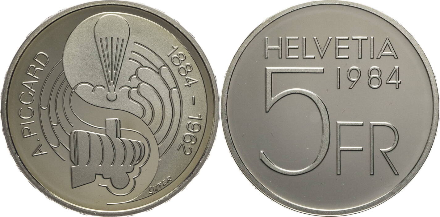 Schweiz 5 Franken 1984 100. Geburtstag von Auguste Piccard PP | MA-Shops