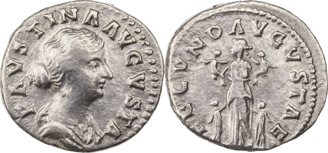 Römische Kaiserzeit Denar 161-164 n. Chr. Faustina II., Büste / FECVND AVGVSTAE, Fecunditas mit ...