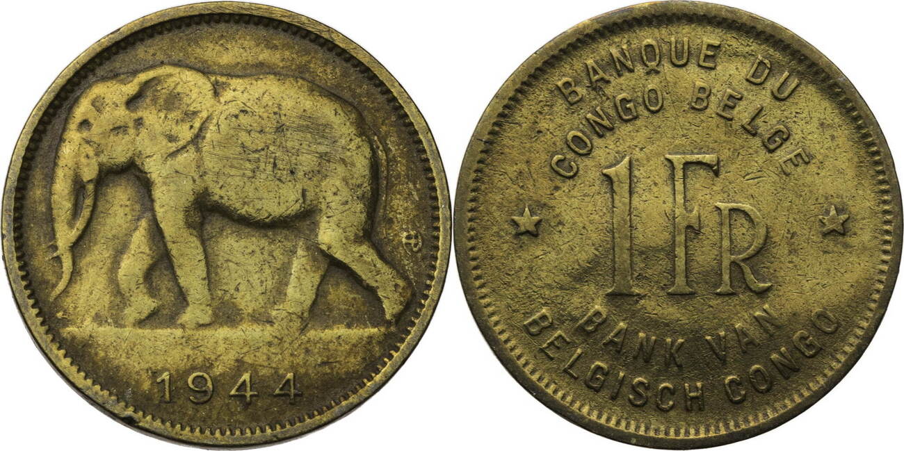 Belgisch-Kongo 1 Franc 1944 Leopold III. (1934-1951) - Kursmünze (1944-1949) ss | MA-Shops