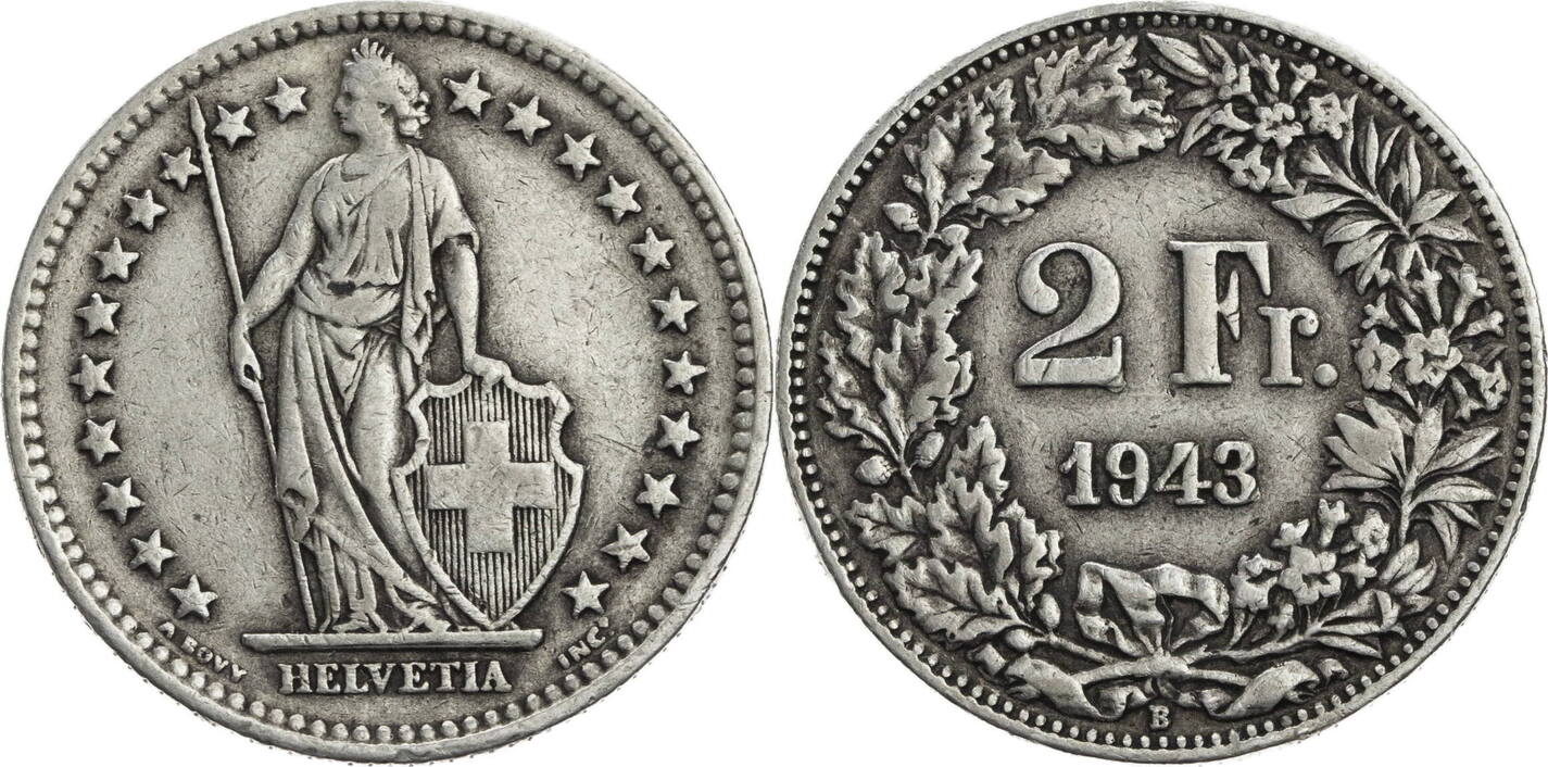 Schweiz 2 Franken 1943 B Helvetia - Kursmünze (1874-1967) ss | MA-Shops