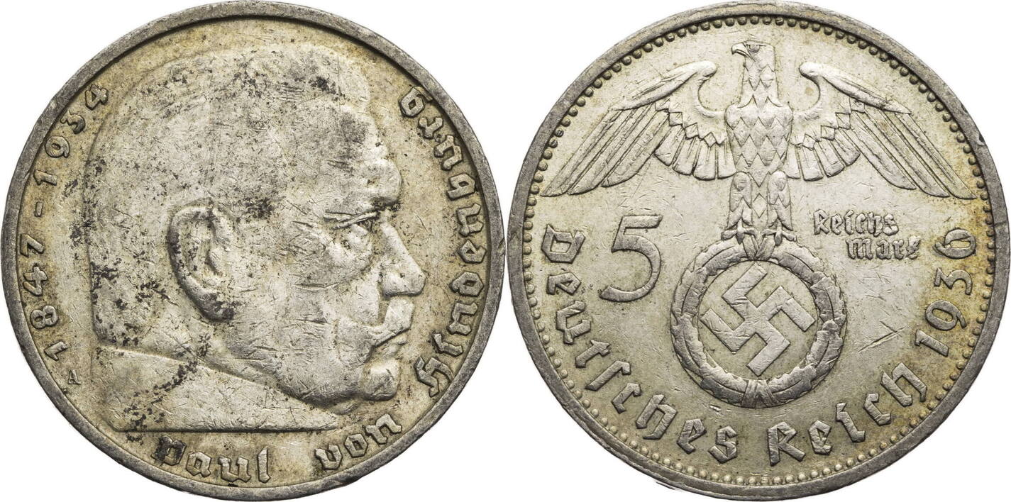 Drittes Reich 5 Reichsmark 1936 A Hindenburg - Kursmünze (1936-1939) ss ...