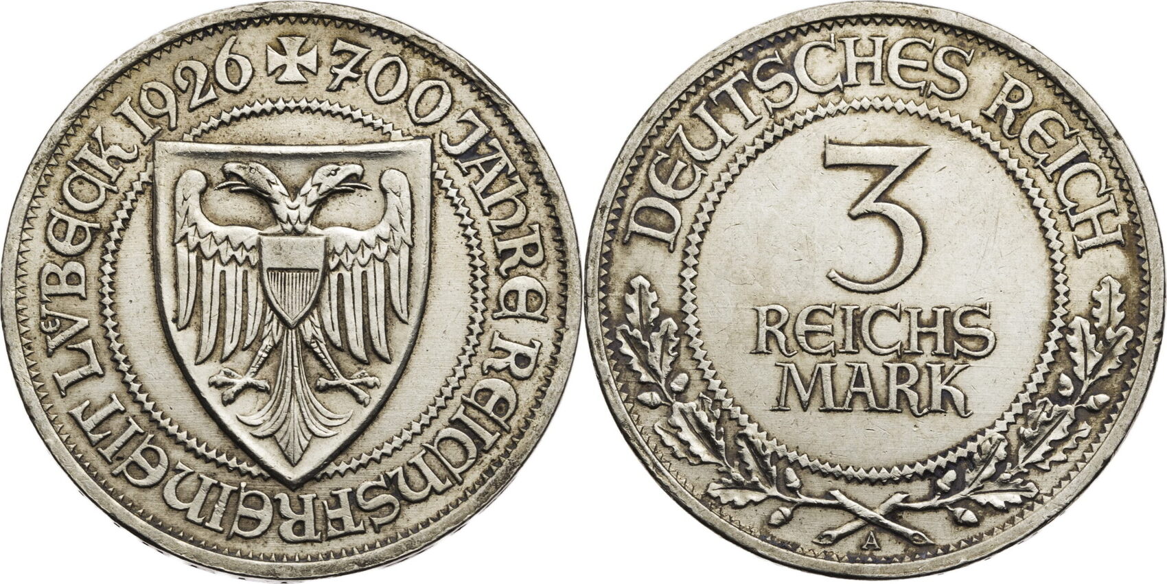 Weimarer Republik 3 Reichsmark 1926 A 700 Jahre Reichsfreiheit Lübeck ...