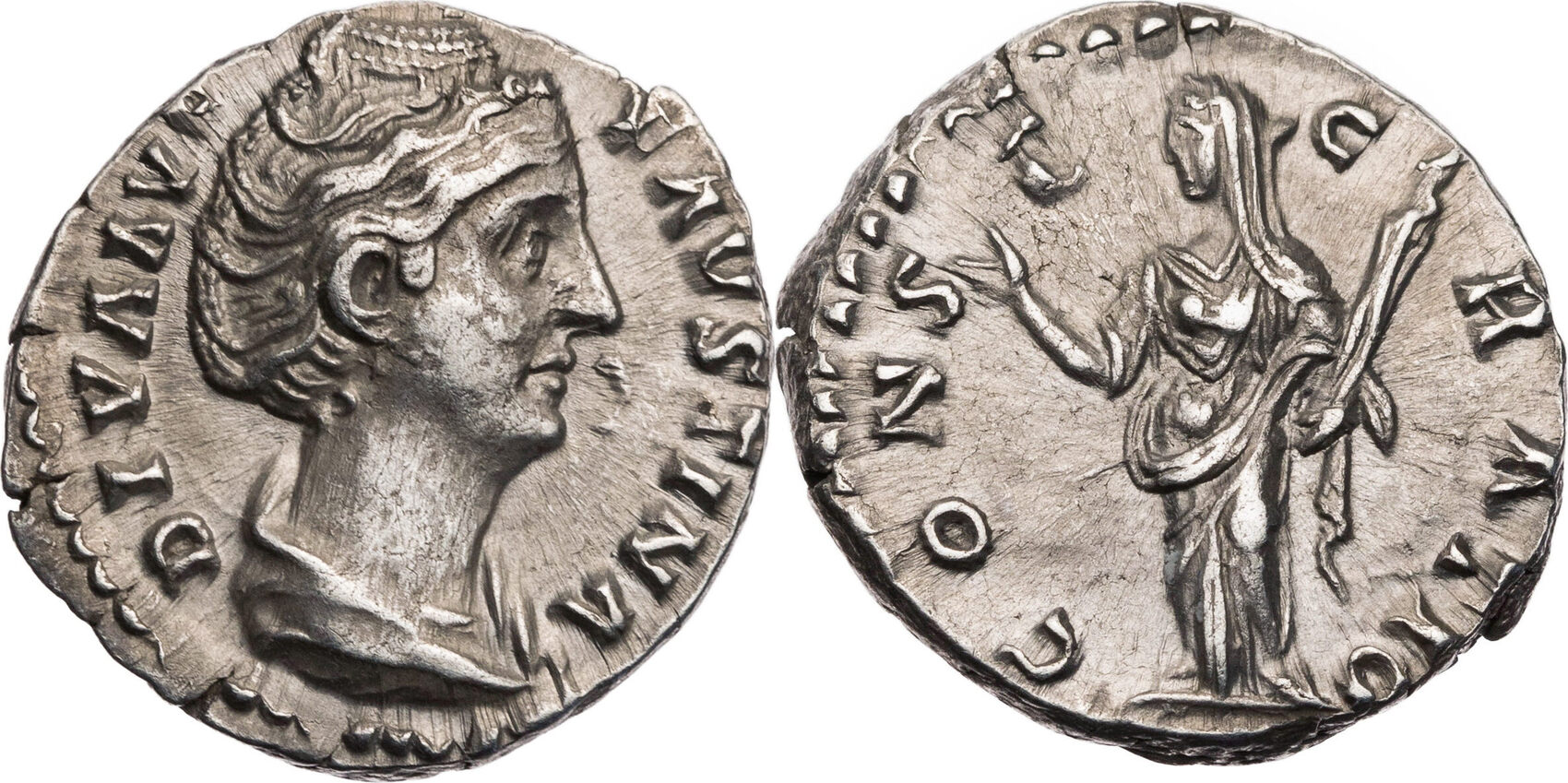 Römische Kaiserzeit Denar nach 141 n. Chr. Diva Faustina I., Büste / CONSECRATIO, Ceres mit ...