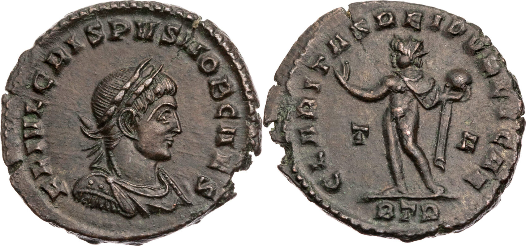 Römische Kaiserzeit Follis 317 n. Chr. Crispus Caesar, Trier, Büste ...