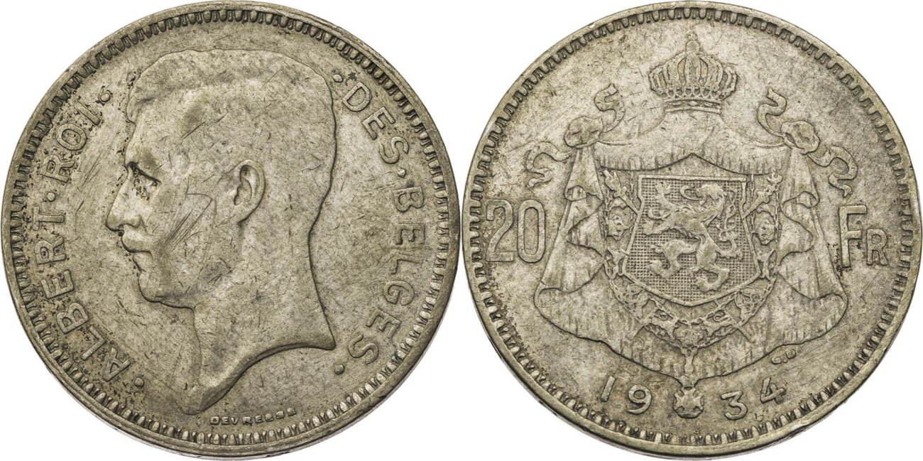 Belgien 20 Francs 1934 Albert (1909-1934) Kursmünze mit frz. Legende ...
