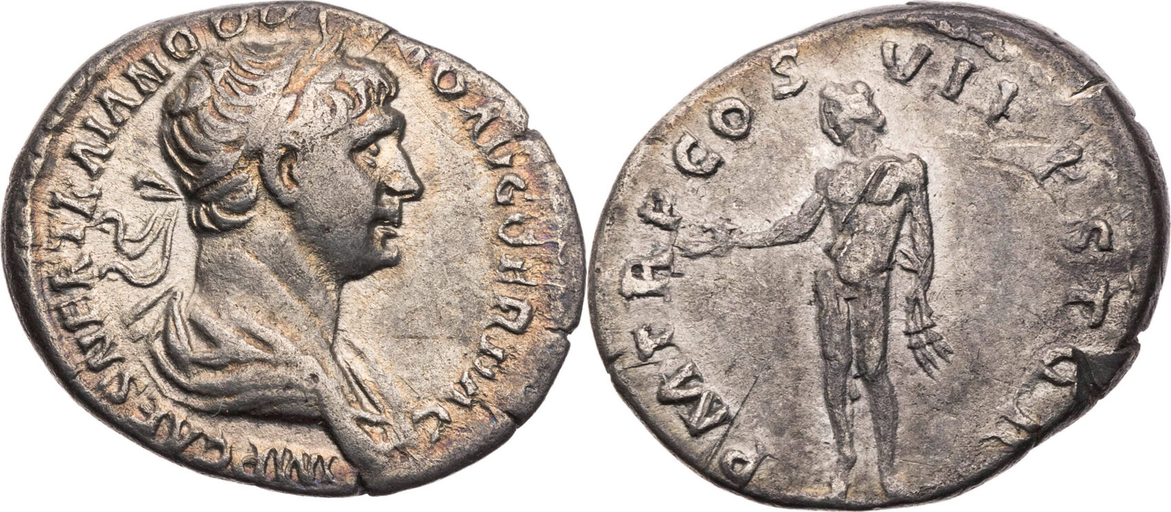 Römische Kaiserzeit Denar 114-116 n. Chr. Traianus, Büste / Bonus ...