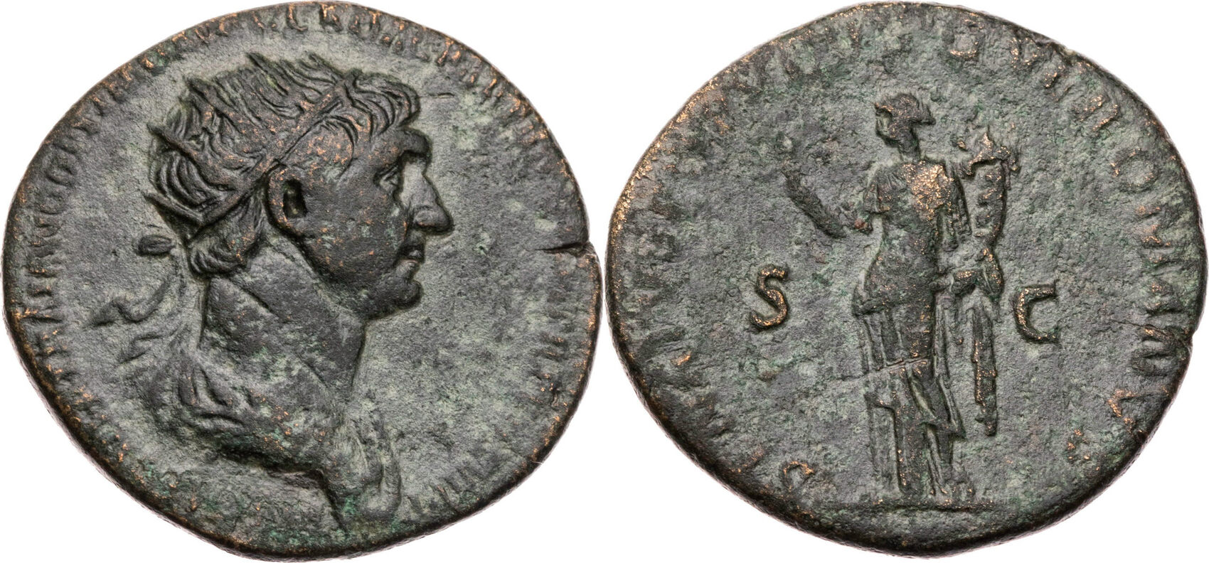 Römische Kaiserzeit Dupondius 114 n. Chr. Traianus, Büste / Felicitas ...