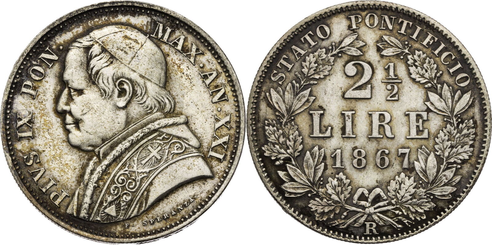 Vatikan 2½ Lire 1867 R Pius IX. (1846-1878) - Kursmünze ss-vz, Hksp. | MA-Shops