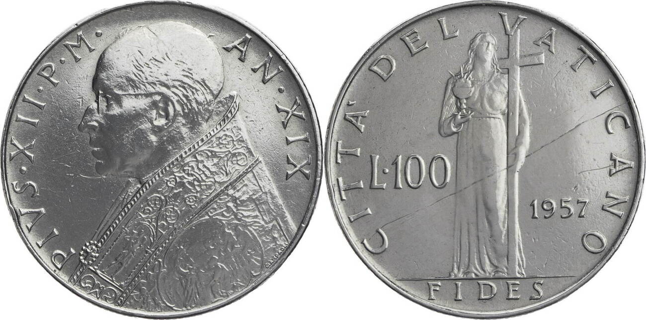 Vatikan 100 Lire 1957 Pius XII. (1939-1958) - Kursmünze (1955-1958) ss, Kratzer | MA-Shops