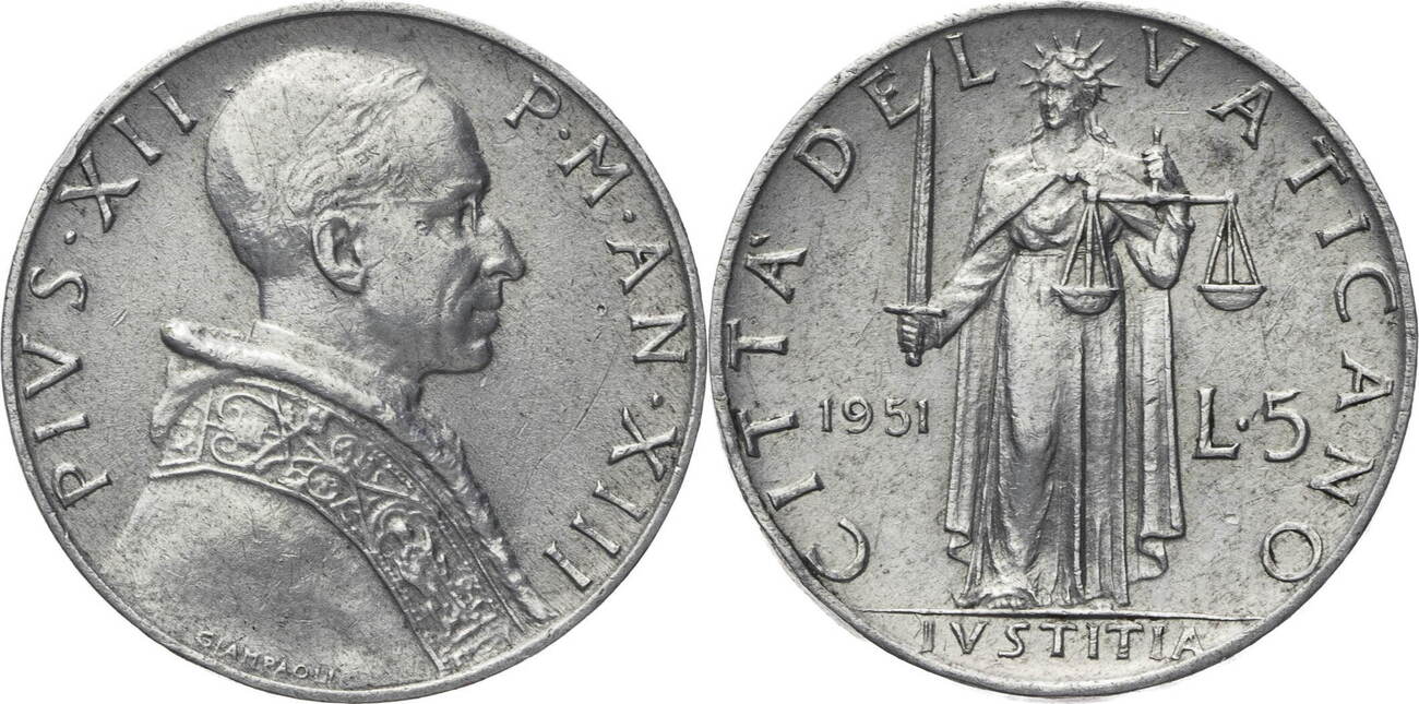 Vatikan 5 Lire 1951 Pius XII. (1939-1958) - Kursmünze (1951-1958) ss | MA-Shops