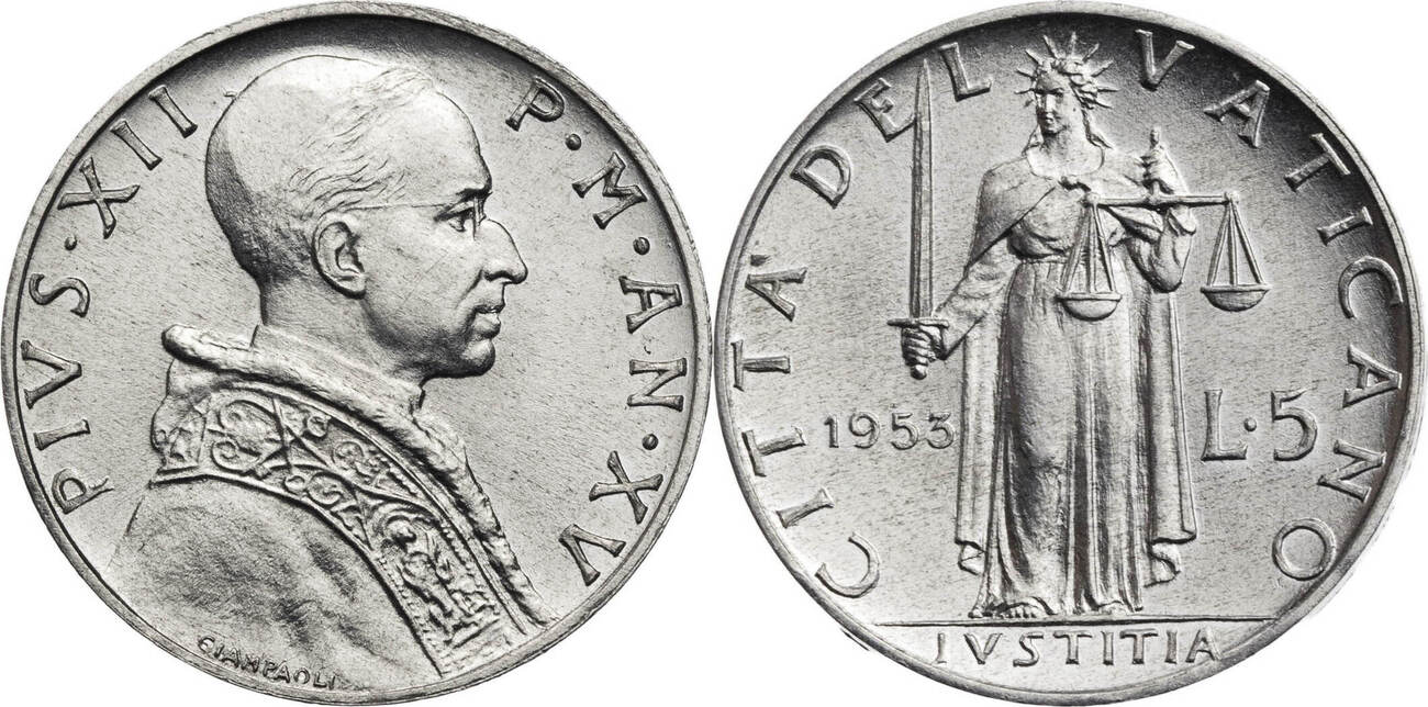 Vatikan 5 Lire 1953 Pius XII. (1939-1958) - Kursmünze (1951-1958) vz | MA-Shops