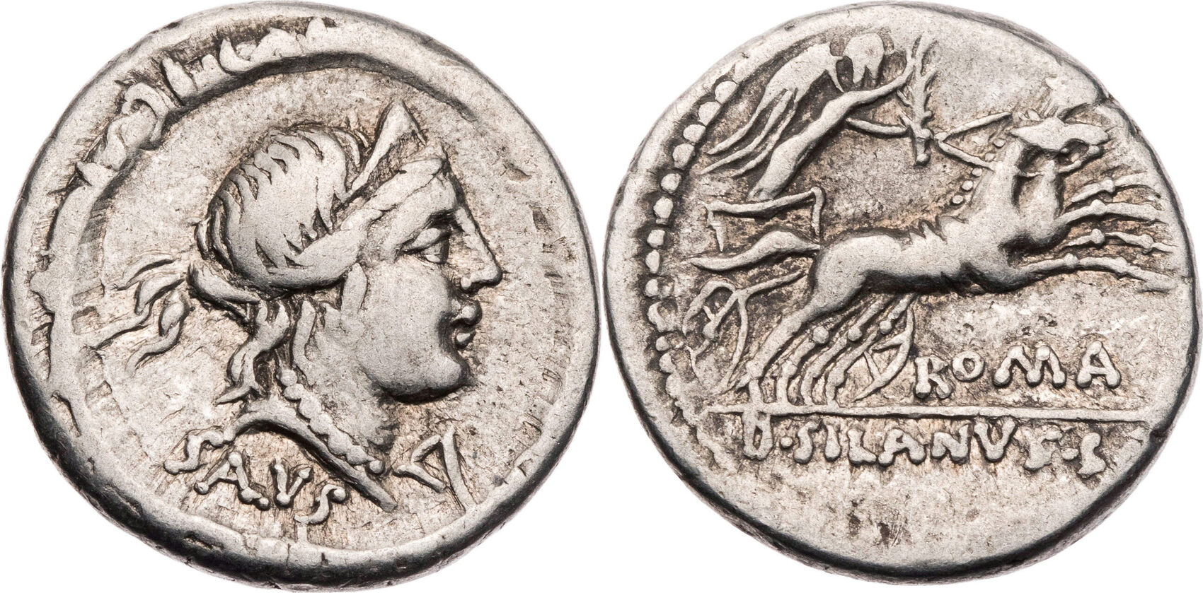 Römische Republik Denar 91 v. Chr. D. Iunius Silanus, Kopf der Salus ...