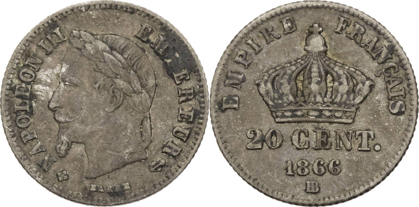 Frankreich, 2. Republik 20 Centimes 1866 BB Napoleon III. (1852-1870) ss | MA-Shops