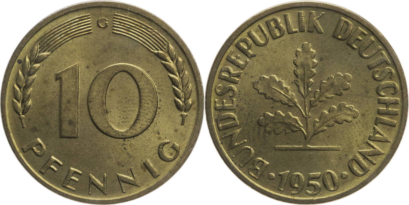 Bundesrepublik Deutschland 10 Pfennig 1950 G Kursmünze (1950-2001) vz ...
