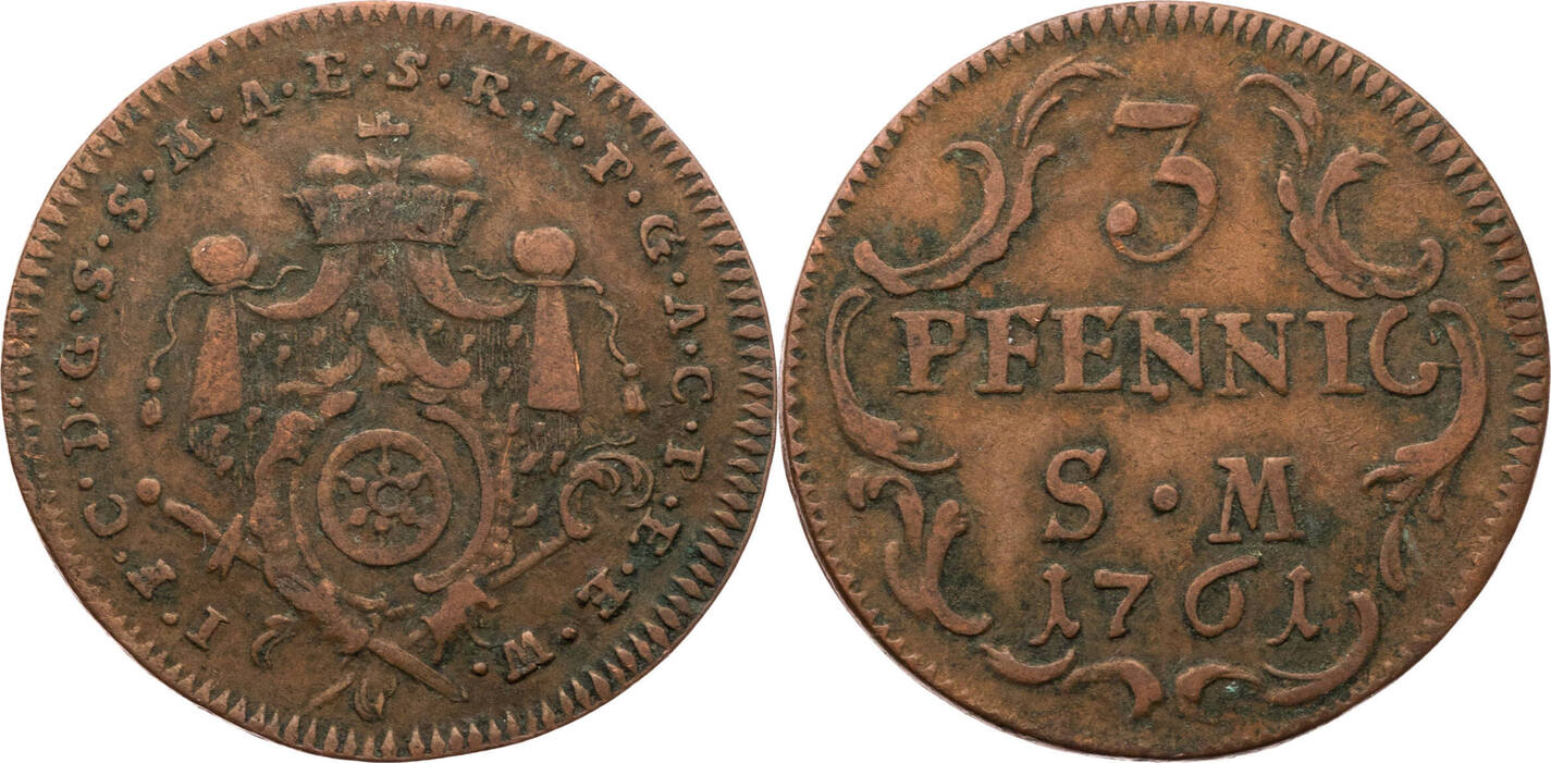 Erfurt 3 Pfennige 1761 Johann Friedrich Karl von Ostein ss | MA-Shops