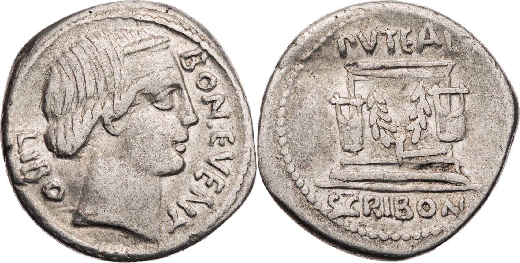 Römische Republik Denar 62 v. Chr. L. Scribonius Libo, Kopf des Bonus ...