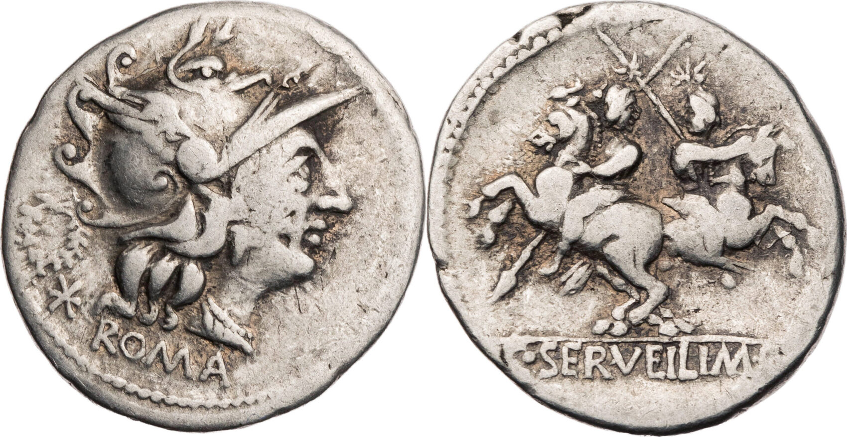 Römische Republik Denar 136 v. Chr. C. Servilius M. f., Kopf der Roma ...