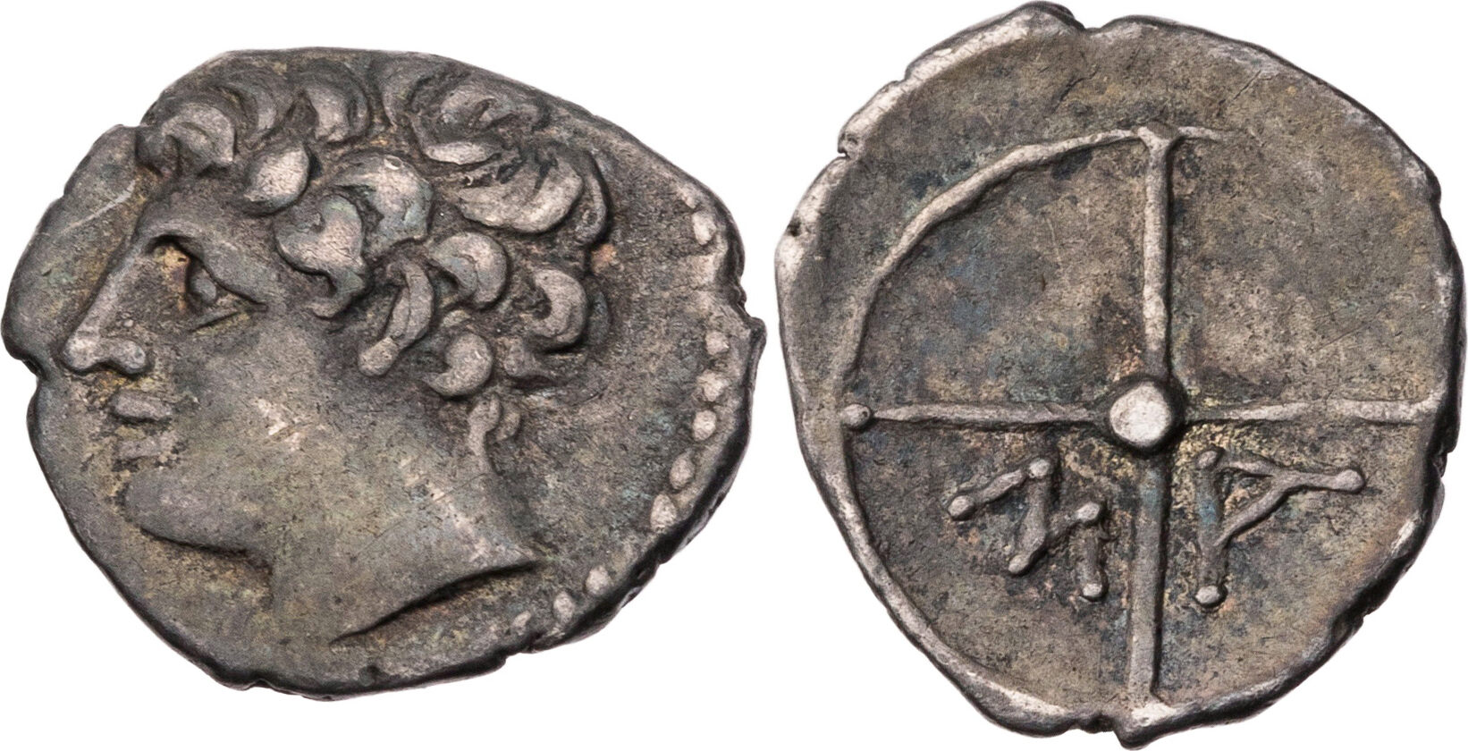 Gallien Obol 125-75 v. Chr. Massalia, Kopf des Apollon / vierspeichiges ...