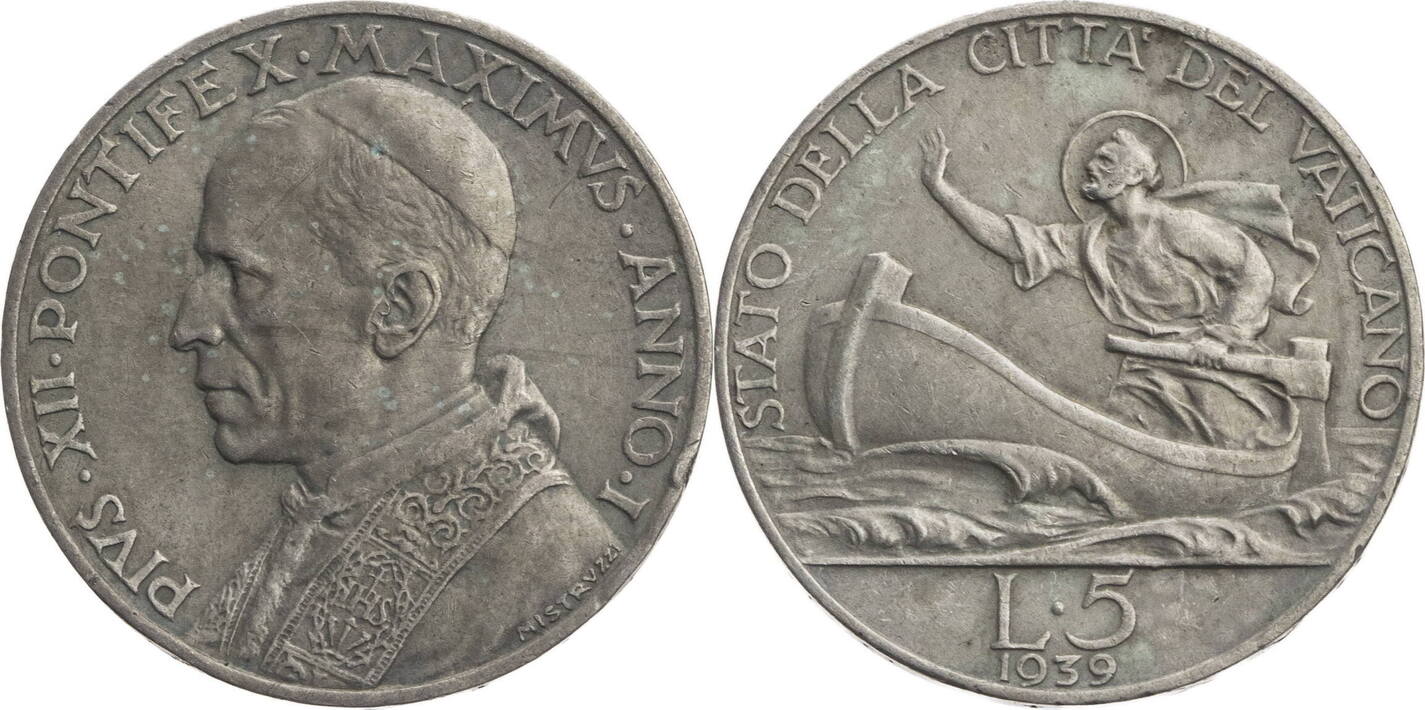 Vatikan 5 Lire 1939 Pius XII. (1939-1958) - Kursmünze (1939-1941) ss-vz | MA-Shops
