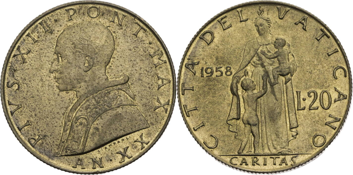 Vatikan 20 Lire 1958 Pius XII. (1939-1958) - Kursmünze (1957-1958) ss-vz | MA-Shops