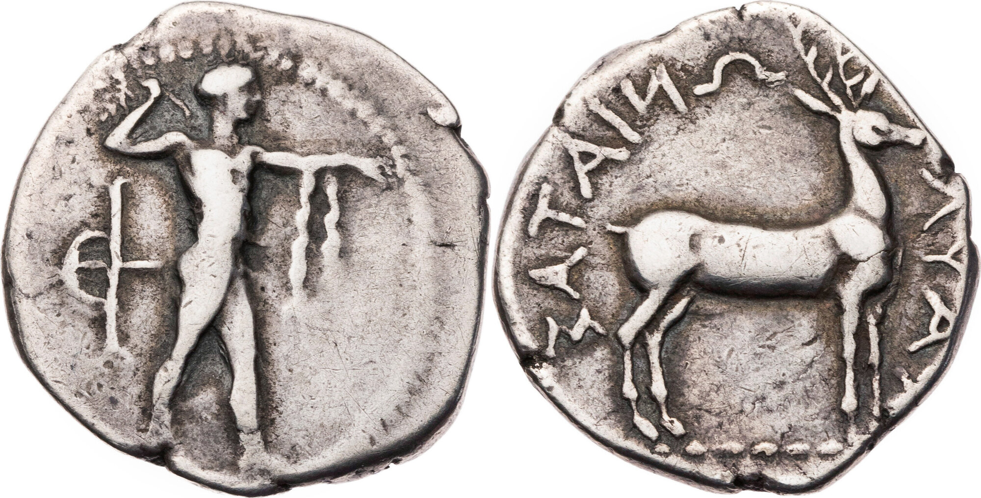 Bruttium Stater 400-389/8 v. Chr. Kaulonia, Apollon mit Lorbeerzweig ...