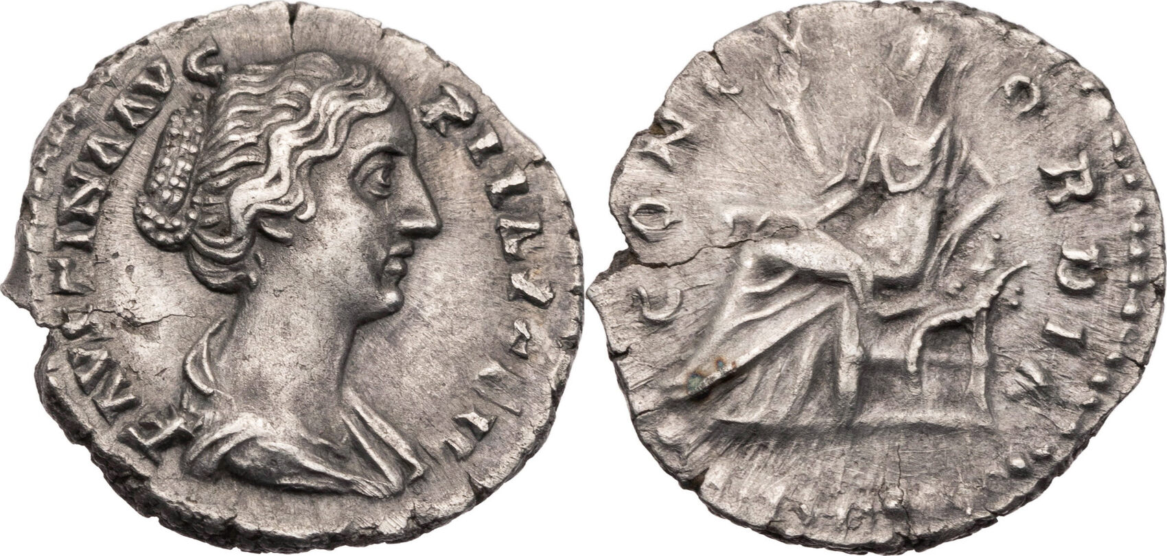 Römische Kaiserzeit Denar 147-149 n. Chr. Faustina minor, Büste / CONCORDIA, Concordia mit Blüte ...