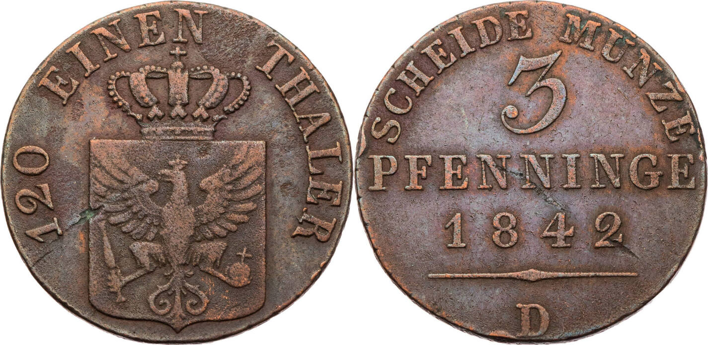 Preussen, Königreich 3 Pfennige 1842 D Friedrich Wilhelm IV. (1840-1861 ...