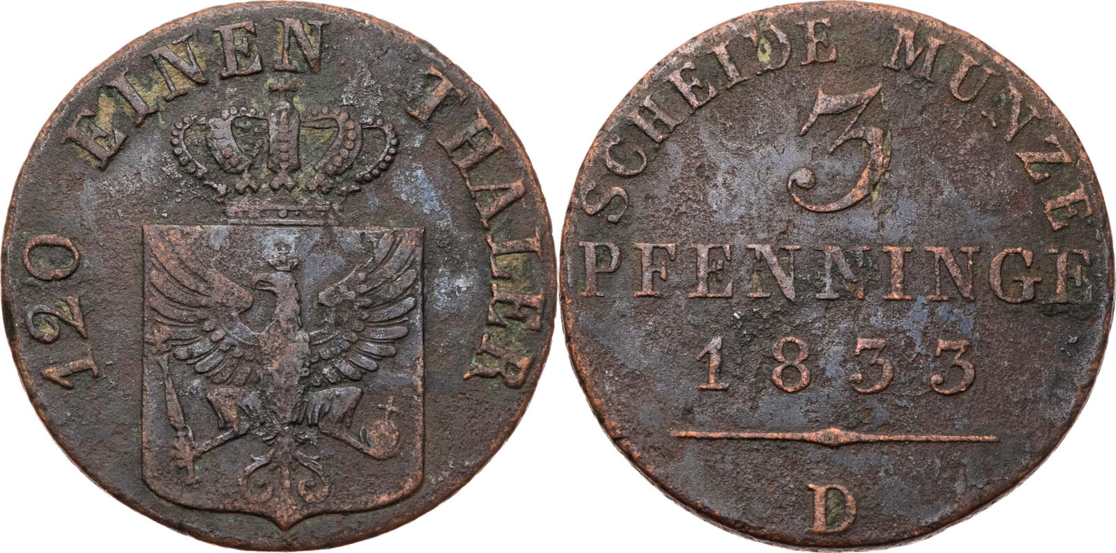 Preussen, Königreich 3 Pfennige 1833 D Friedrich Wilhelm III. (1797 ...