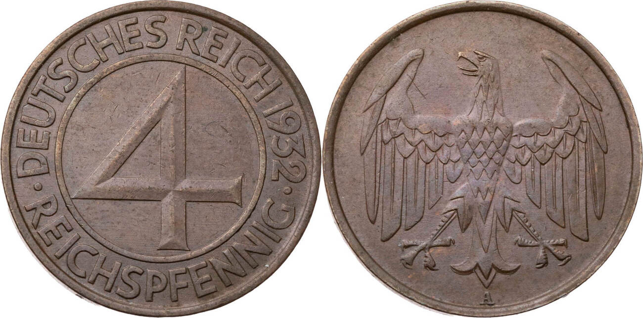 Weimarer Republik 4 Pfennig 1932 A sog. Brüningtaler - Kursmünze ss ...