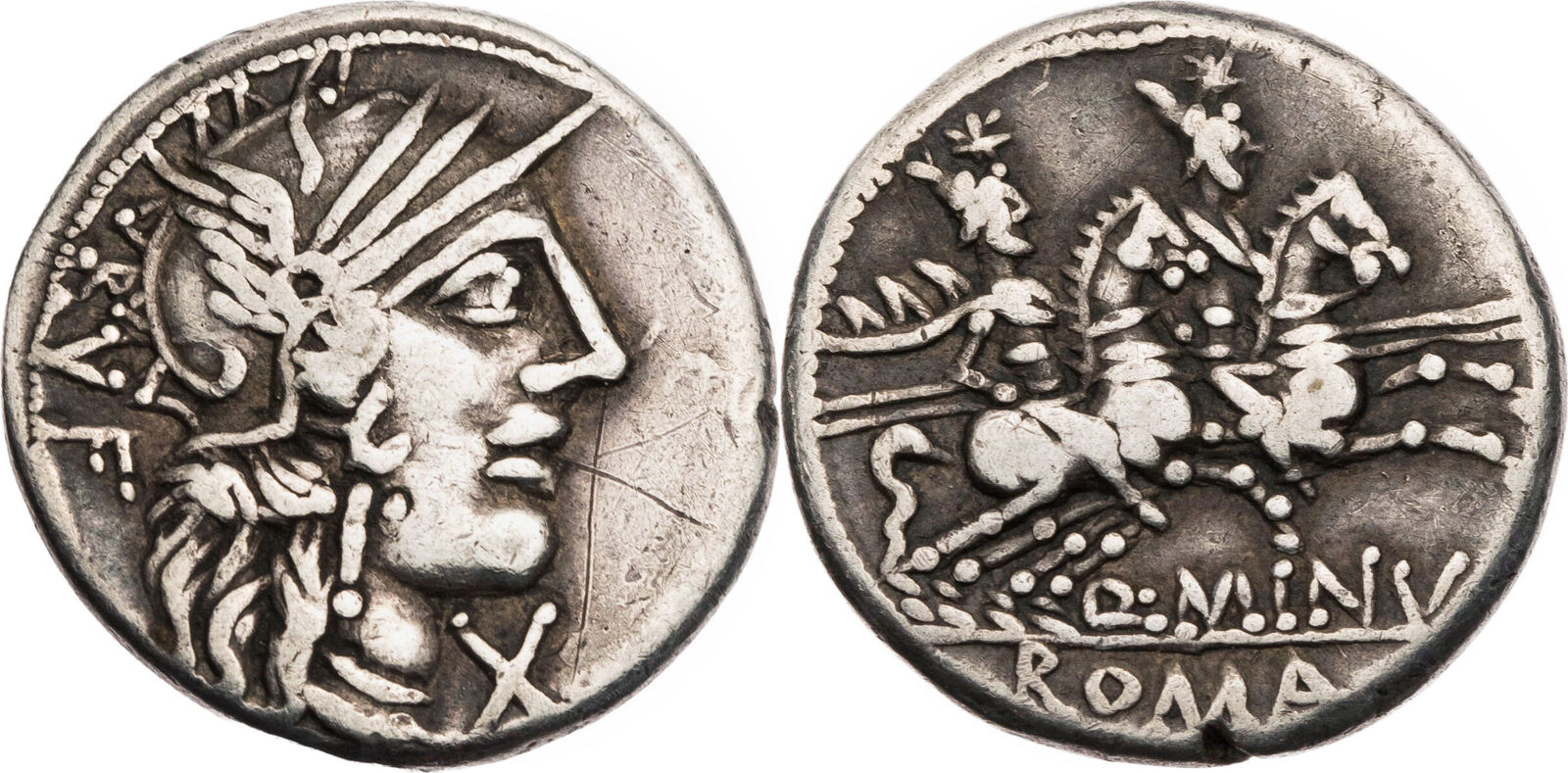 Römische Republik Denar 122 v. Chr. Q. Minucius Rufus, Kopf der Roma ...