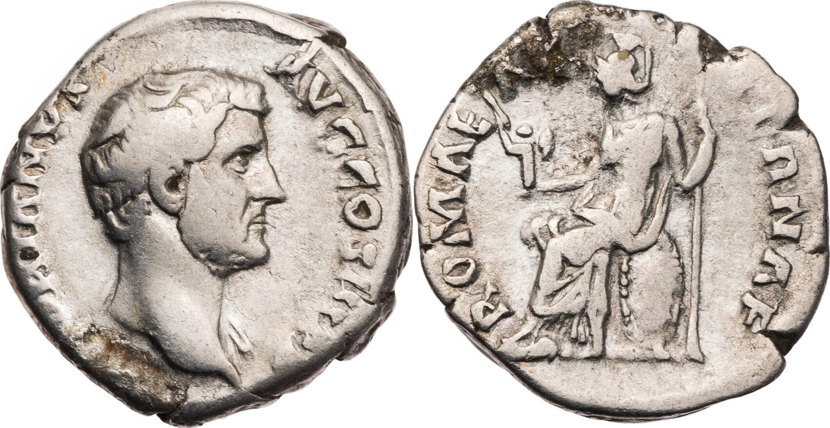 Römische Kaiserzeit Denar 137-138 n. Chr. Hadrianus, Kopf / ROMAE AETERNAE, Roma mit Palladium ...