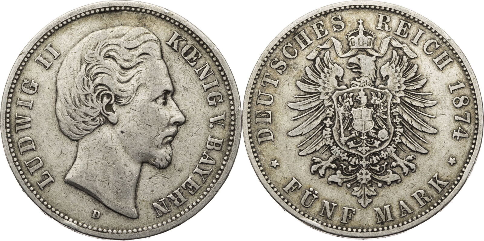 Kaiserreich, Bayern 5 Mark 1874 D Ludwig II. (1864-1886) - Kursmünze ...
