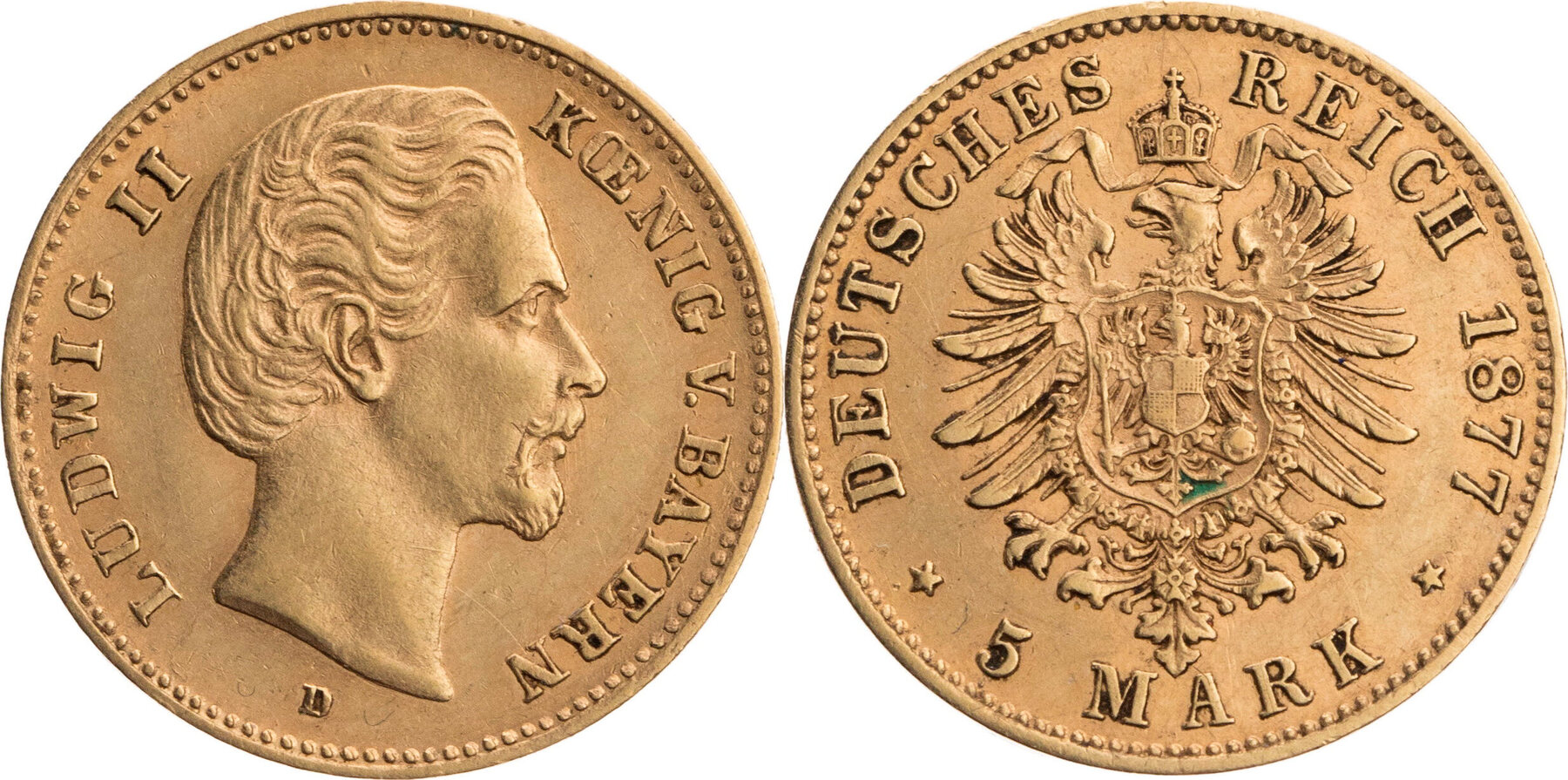 Kaiserreich, Bayern 5 Mark 1877 D Ludwig II. (1864-1886) - Kursmünze ...