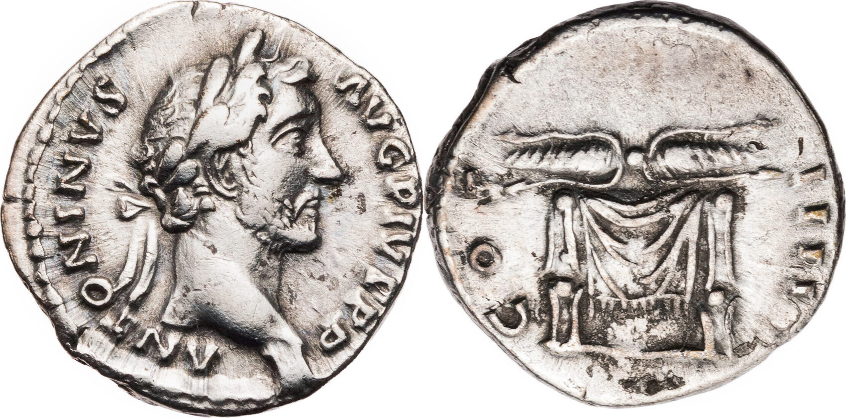 Römische Kaiserzeit Denar 145-161 n. Chr. Antoninus Pius, Kopf / Blitzbündel auf Thron ss | MA-Shops