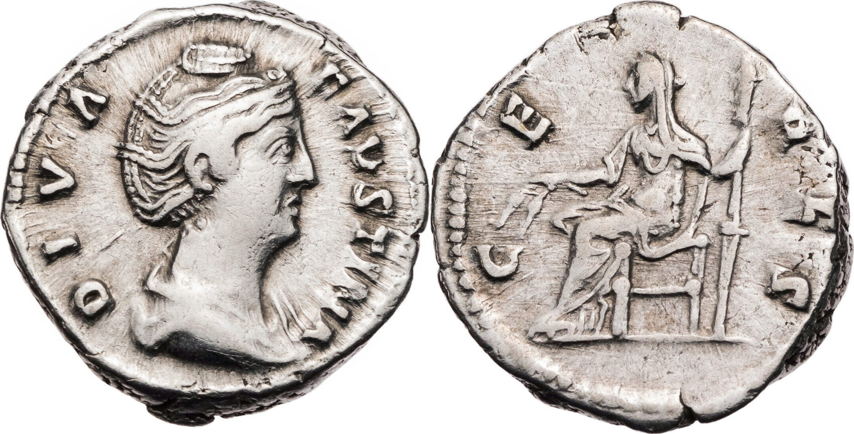 Römische Kaiserzeit Denar nach 141 n. Chr. Diva Faustina I., Büste / CERES, Ceres mit Fackel und ...