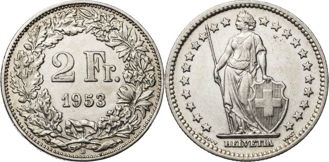Schweiz 2 Franken 1953 B Helvetia - Kursmünze (1874-1967) ss-vz | MA-Shops