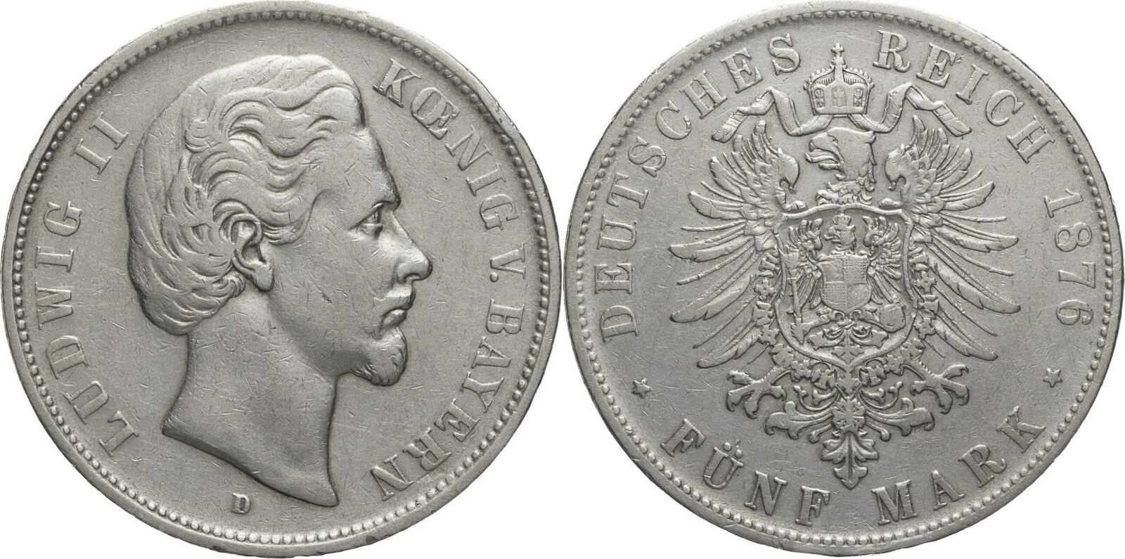 Kaiserreich, Bayern 5 Mark 1876 D Ludwig II. (1864-1886) - Kursmünze ...