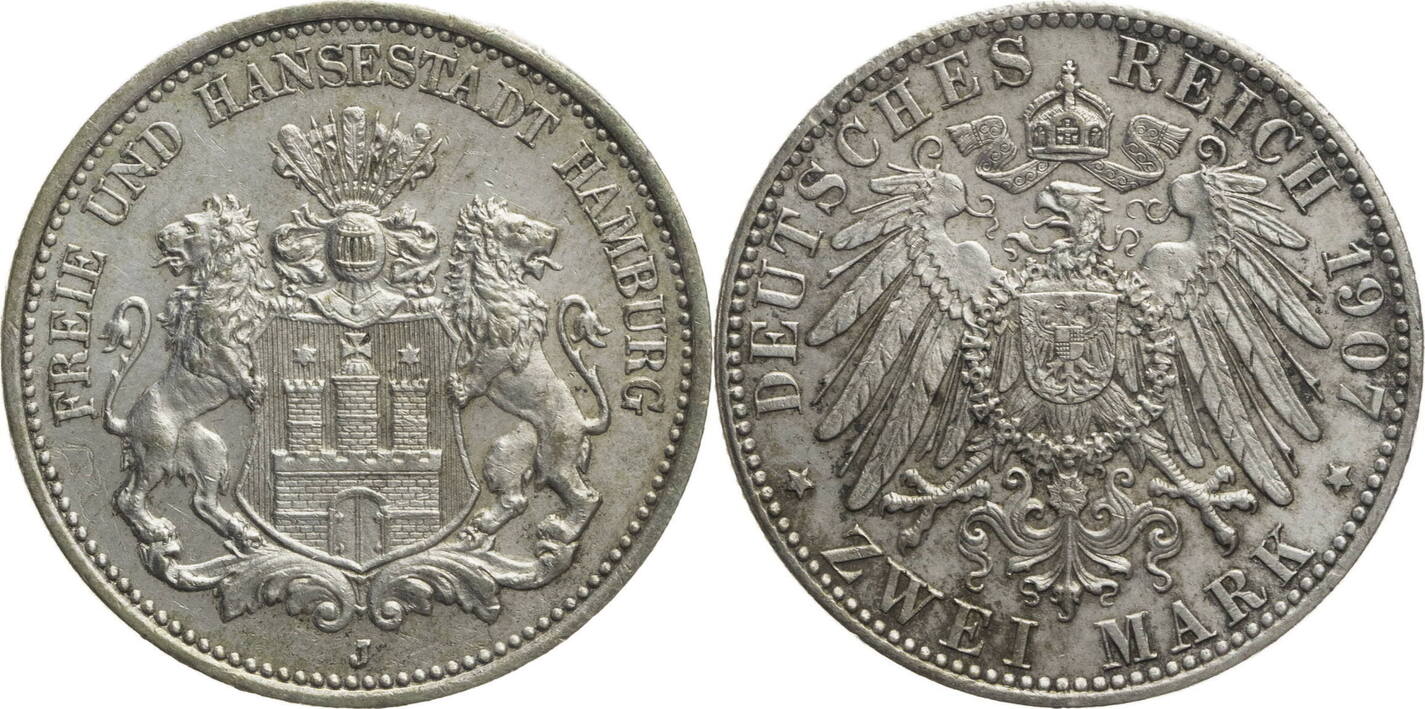 Kaiserreich, Hamburg 2 Mark 1907 J Kursmünze (1892-1914) ss-vz | MA-Shops