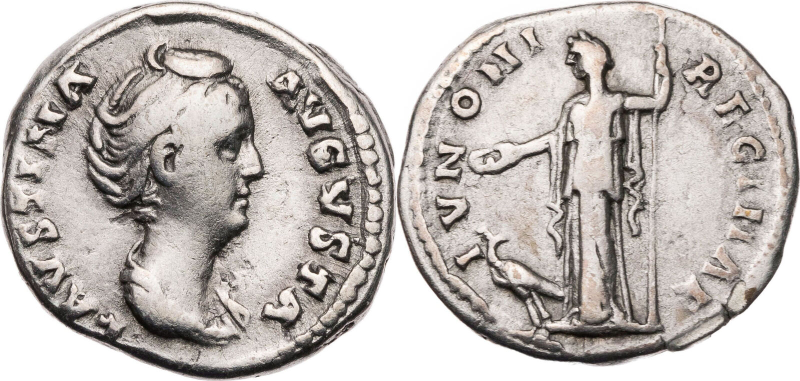 Römische Kaiserzeit Denar 138-141 n. Chr. Faustina maior, Büste / IVNONI REGINAE, Iuno und Pfau ...