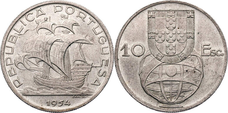 Portugal 10 Escudos 1954 Kursmünze (1954-1955) - Karavelle vz | MA-Shops