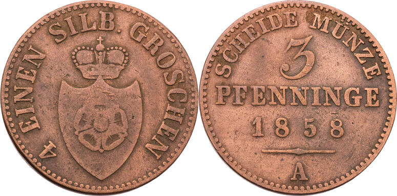 Lippe-Detmold, Fürstentum 3 Pfennige 1858 A Paul Friedrich Emil Leopold ...