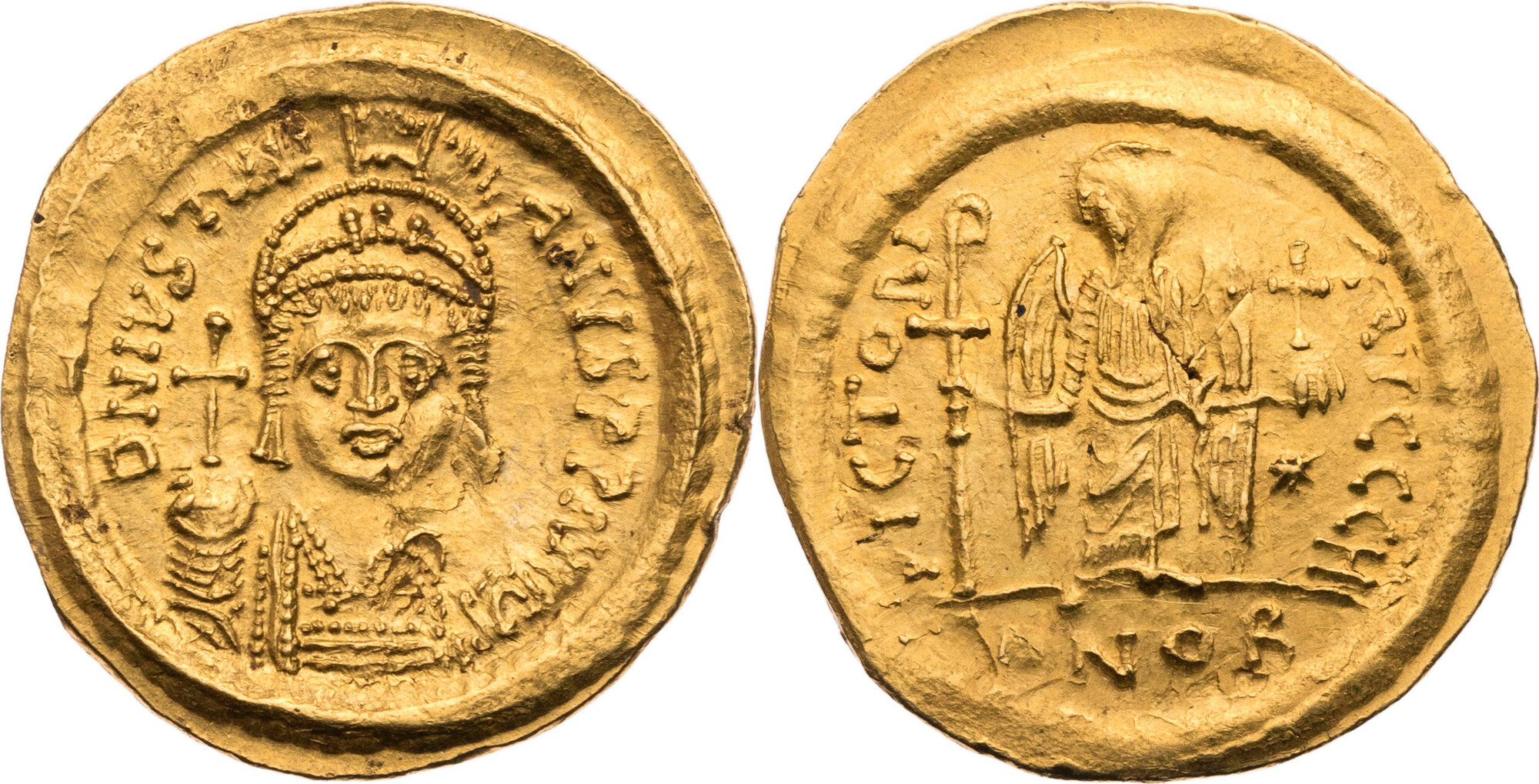 Byzanz Solidus 545-565 Iustinianus I., Büste / Victoria mit Chrismonstab und Kreuzglobus etwas ...