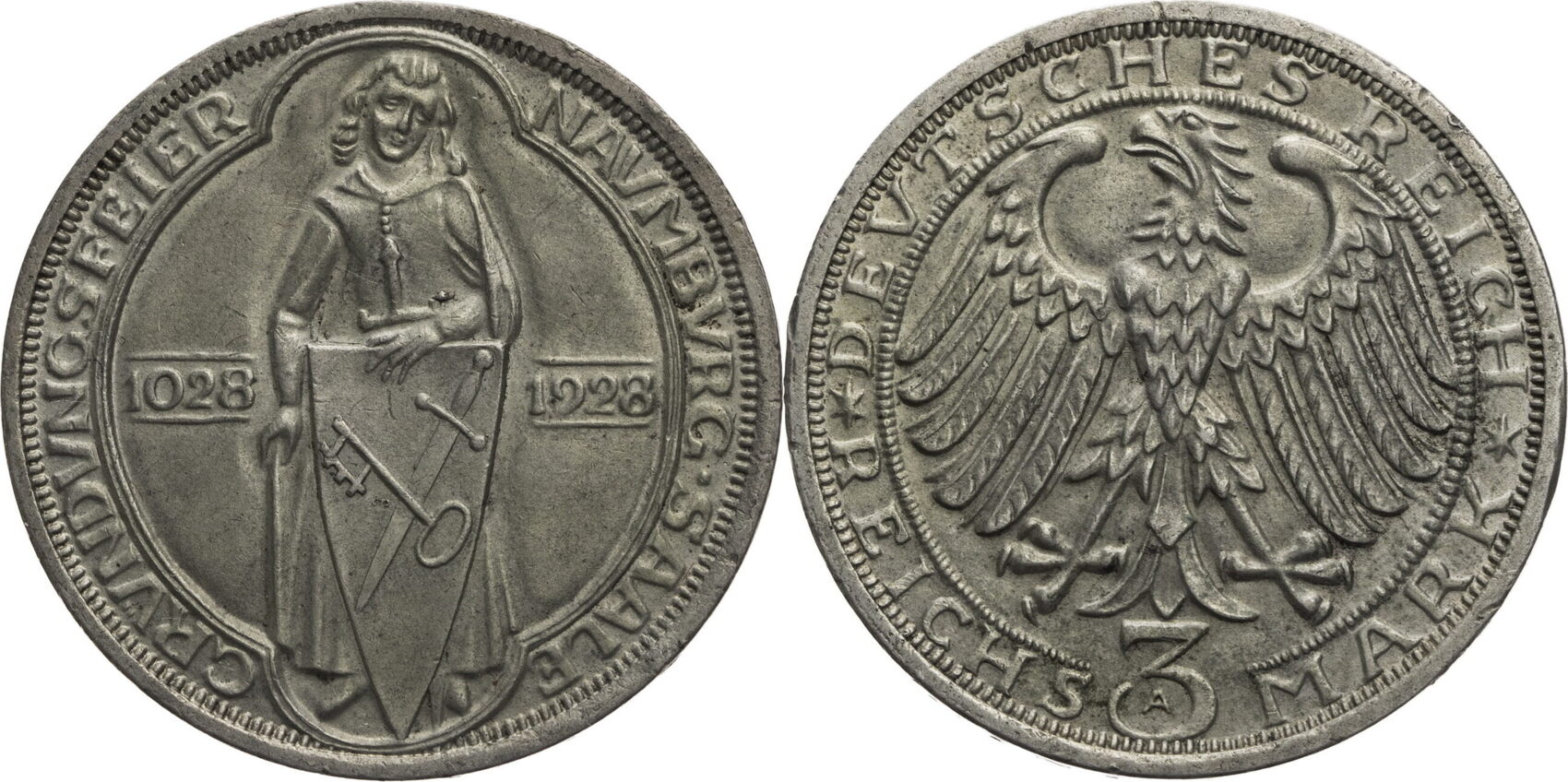 Weimarer Republik 3 Mark 1928 A Naumburg an der Saale ss-vz, Rf. | MA-Shops