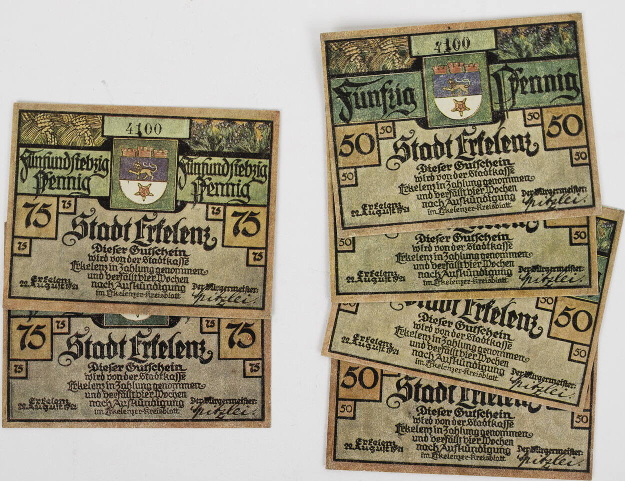 Erkelenz 4x50 Pfennig, 2x75 Pfennig 22.8.1921 Komplette Serie von 6 ...