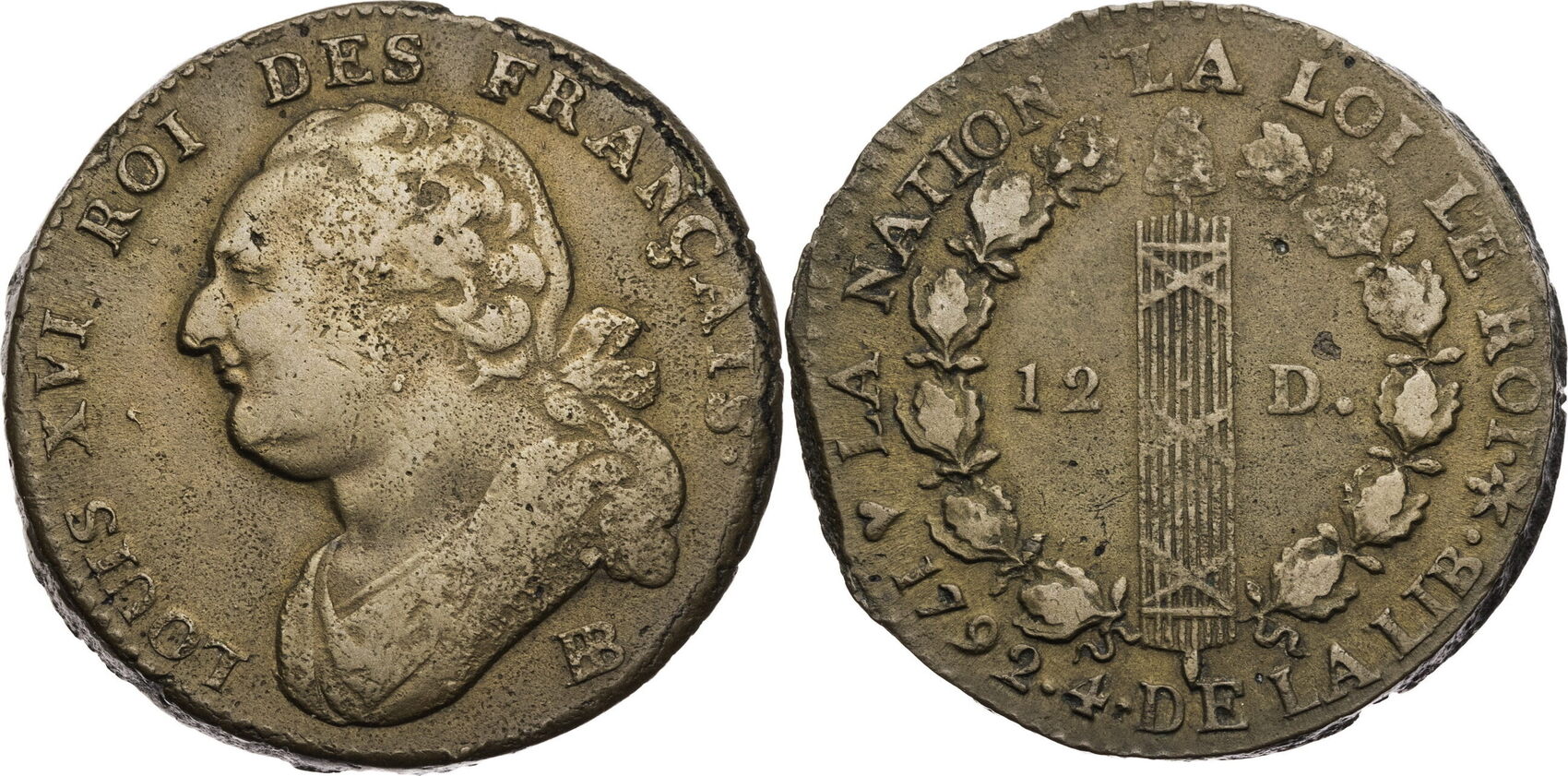 Frankreich, Konstitutionelle Monarchie 12 Deniers 1792 BB Ludwig XVI ...