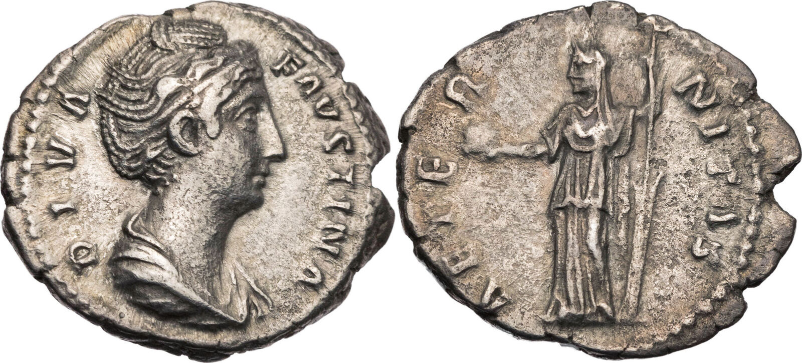 Römische Kaiserzeit Denar nach 141 n. Chr. Diva Faustina I., Büste / AETERNITAS, Fortuna mit ...