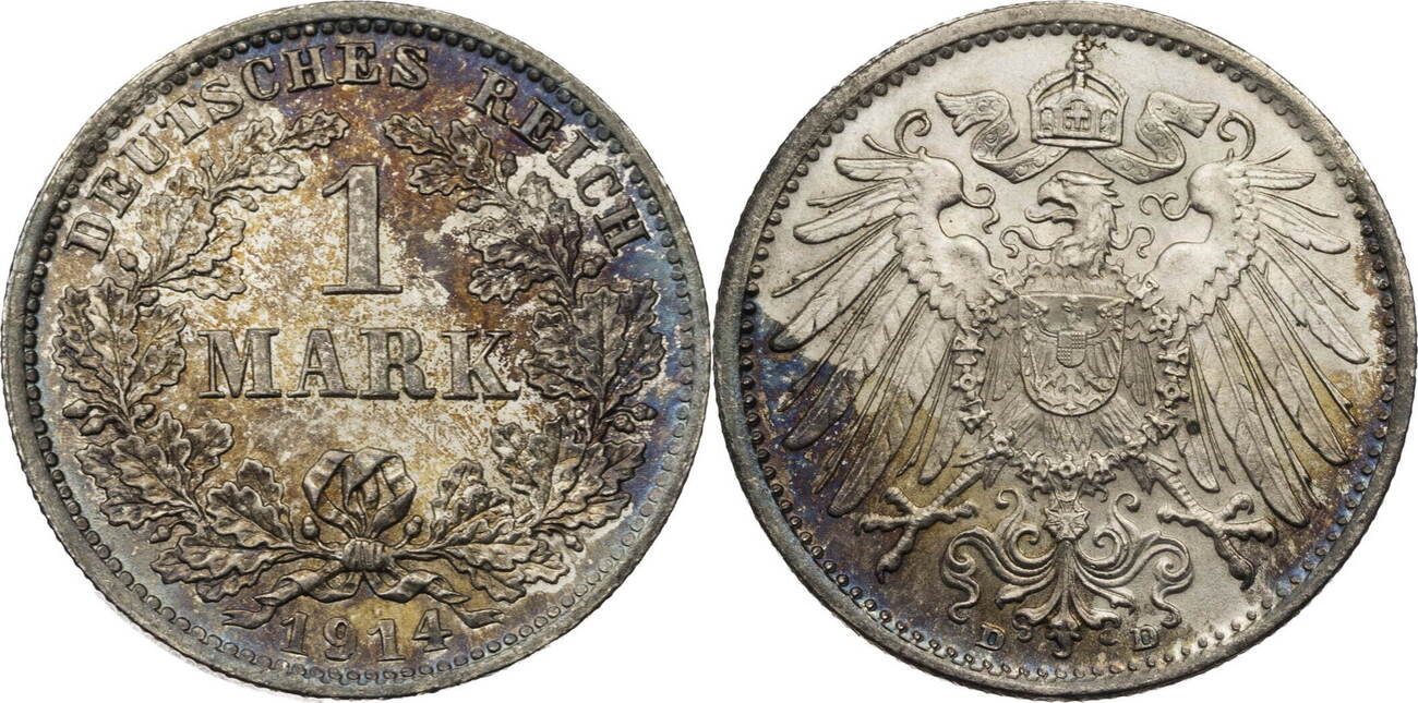 Kaiserreich 1 Mark 1914 D Kursmünze (1891-1916) vz-st, Patina | MA-Shops