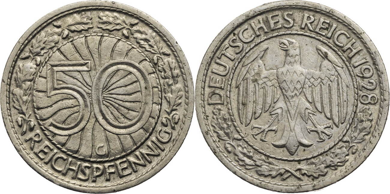 Weimarer Republik 50 Reichspfennig 1928 G Kursmünze ss-vz | MA-Shops